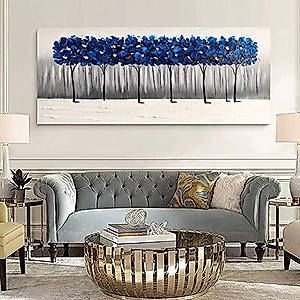 Yihui Arts Landscape Painting Abstract Tree Canvas Art Handpainted Indigo Blue Forest Pictures Artwork for Living Room Bedroom Wall Decor (20Wx40L)