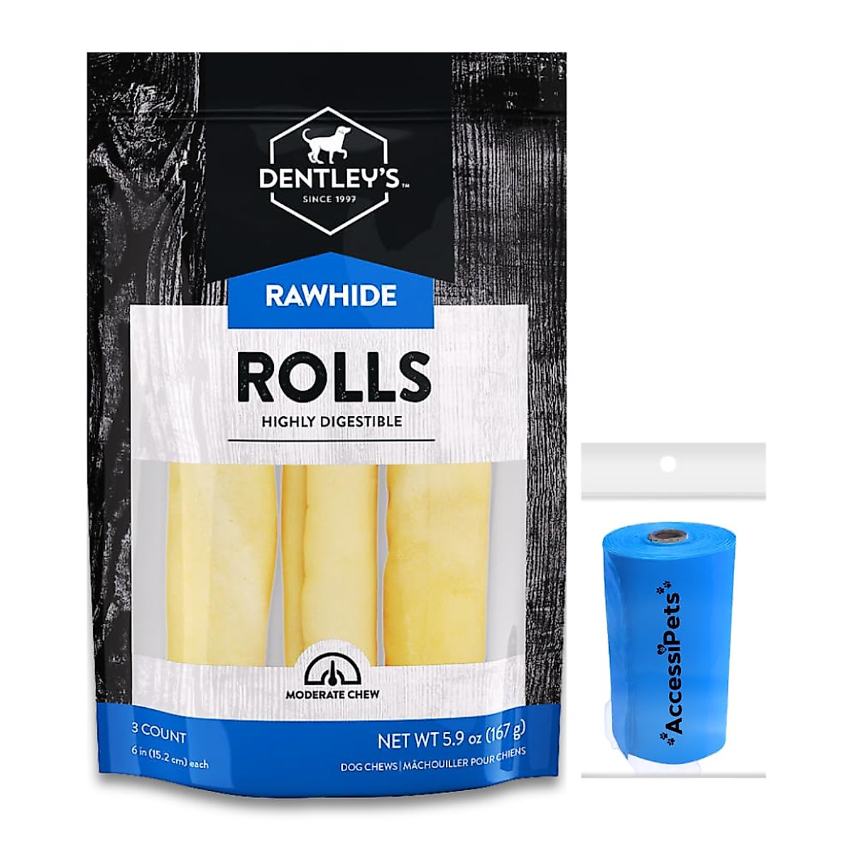AccessiPets Dog Chews Bundles for Medium and Large Dogs, 6 inch Highly Digestible Rawhide Rolls Bundle with 1 Dog Waste Roll (Natural Beefhide, 3 Count)
