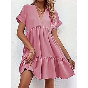 WDIRARA Women's Roll Up Short Sleeve V Neck Ruffle Hem Solid Swing Smock Dress Watermelon Pink M