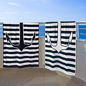 SUPERIOR 100% Egyptian Cotton, 450 GSM, Yacht Club Oversized Beach Towel (Set of 2) 34”x 64”, 2-Ply, High Absorbency Nautical Striped Anchor Pattern