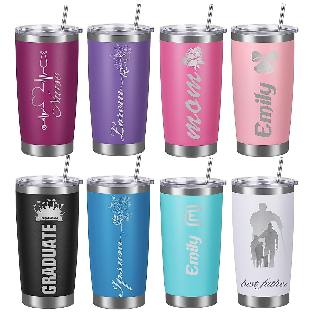 Personalized Tumblers Custom 20oz Insulated Coffee Cups Birth Flower Cup with Names Lids and Straws Customized Engraved Stainless Steel Mug Cups for Women