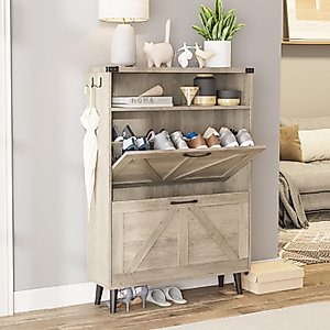 Halitaa Shoe Cabinet with 2 Flip Drawers,Shoe Storage Cabinet for Entryway,Freestanding Shoe Cabinet Organizer with Open Storage,Narrow Farmhouse Shoe Rack with Legs,Grey