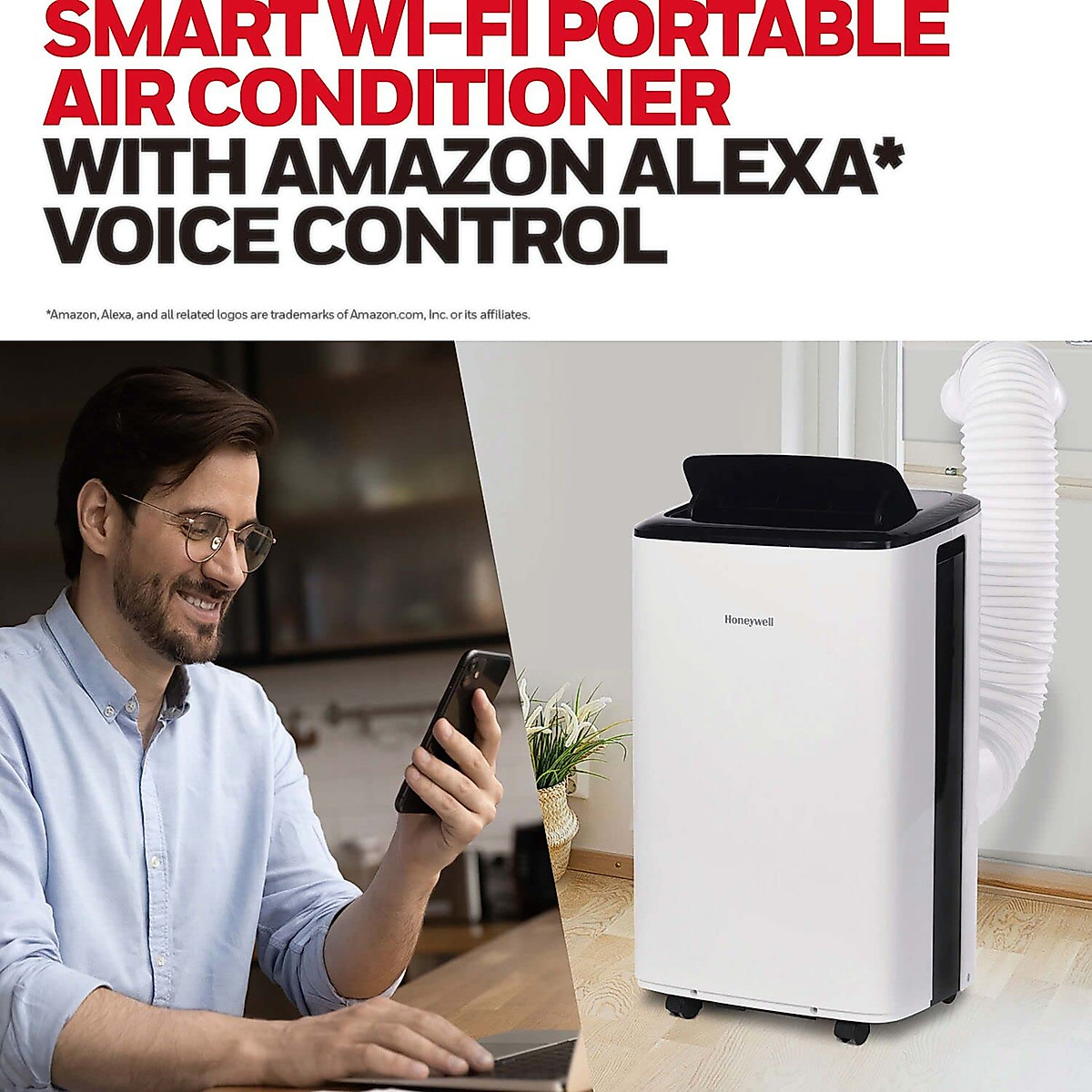 Honeywell Smart WiFi Portable Air Conditioner & Dehumidifier with Alexa Voice Control, Cools Rooms Up to 450 Sq. Ft, Includes Drain Pan & Insulation Tape, HF0CESVWK6