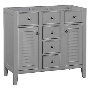 36" Bathroom Vanity Without Sink, Bathroom Vanity Base with Two Cabinets and Five Drawers, Modern Freestanding Bathroom Storage Cabinet with Solid Wood Frame and Soft Closing Doors for Bathroom, Grey