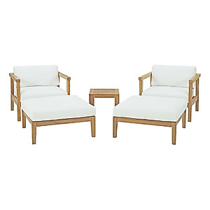 Modway EEI-3113-NAT-WHI-SET Bayport Outdoor Patio Teak Set, Two Armchairs, Two Ottomans, and Side Table, Natural White