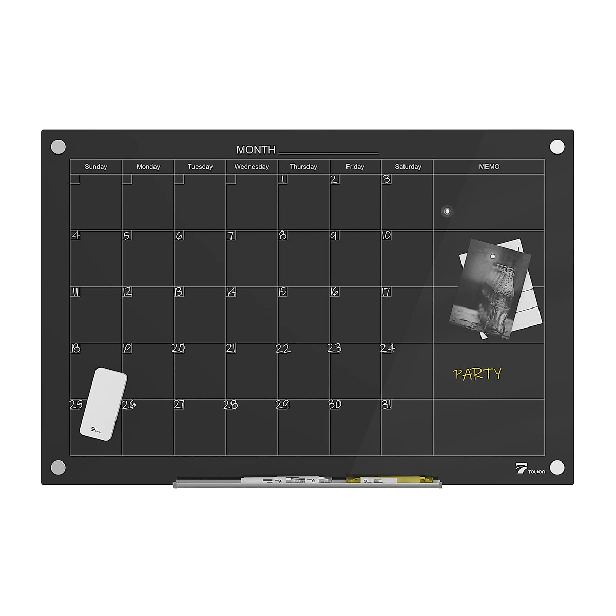 TOWON 47 x 35 Inch Glass Calendar Dry Erase Board for Wall, Magnetic Whiteboards Calendar, White Board Calendar Dry Erase for Wall, Monthly Planner Whiteboard Set, Black