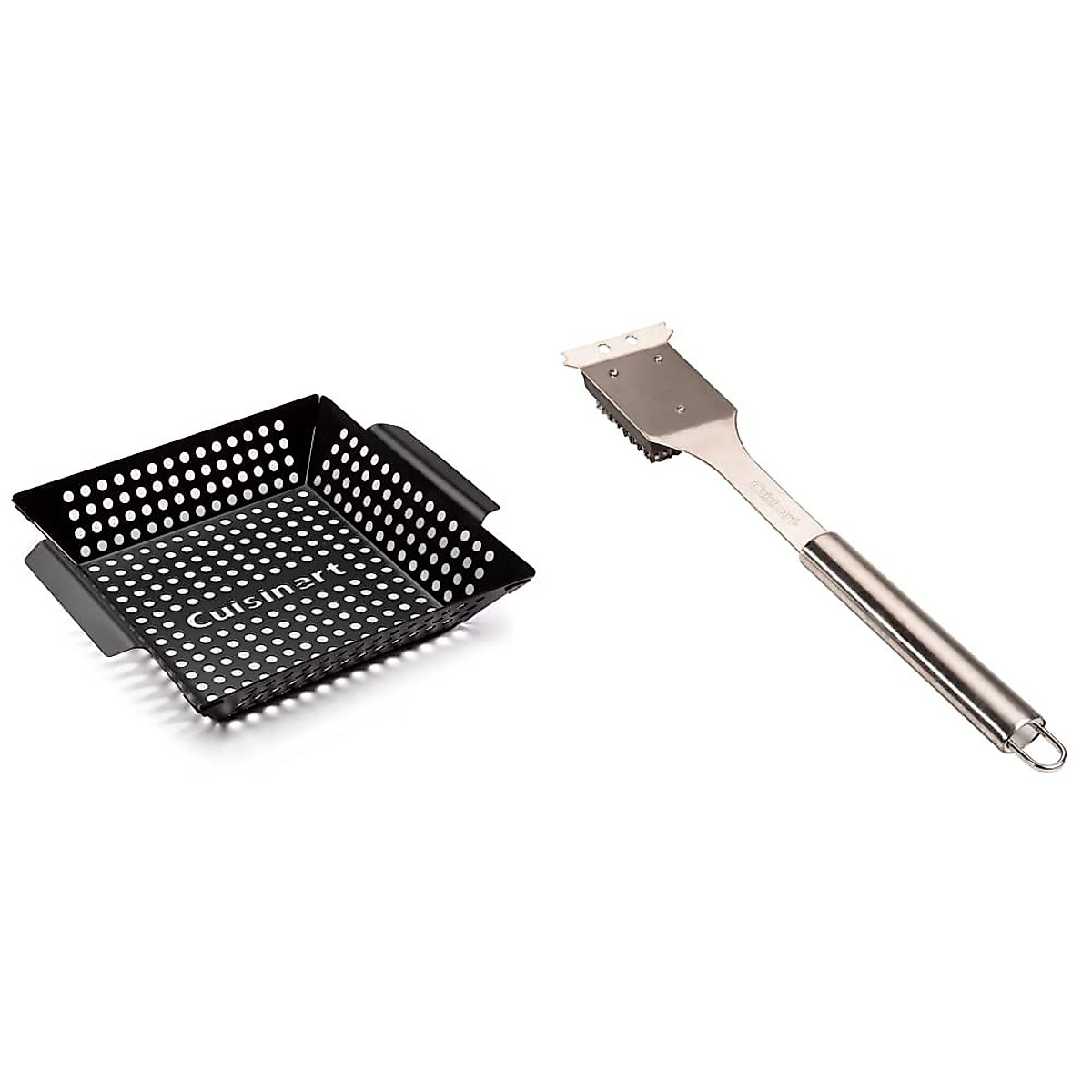 Cuisinart CNW-328 Non Stick 11-Inch, 11 x 11, Grill Wok, 11" x 11" & CCB-5014 BBQ Grill Cleaning Brush and Scraper, 16.5", Stainless Steel, 16. 5"