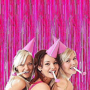 2 Pcs 3.2ft x 8.2ft Shiny Hot Pink Metallic Tinsel Foil Fringe Curtains Photo Booth Backdrop for Birthday Wedding Holiday Celebration Bachelorette Party Decorations (Hot Pink)