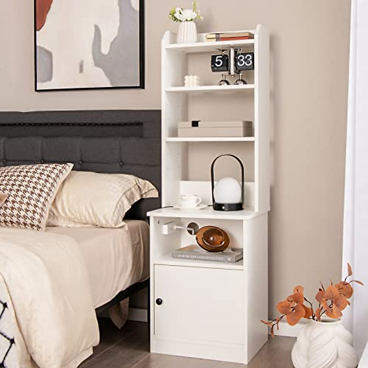 GOFLAME Nightstand with Charging Station and USB Ports, 56” Tall Bedside Table with Adjustable Open Shelves, Storage Cabinet, End Table Sofa Side Table with Bookcase for Home Office (White)