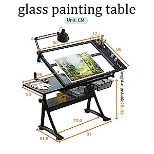 HZH Drafting Tables Glass Drafting Table Art Desk, Height Adjustable Drawing Desk Art/Craft Desk Paintings Work Station W/ 2 Storage Drawers And Stool for Craft Station Studio Home Office School