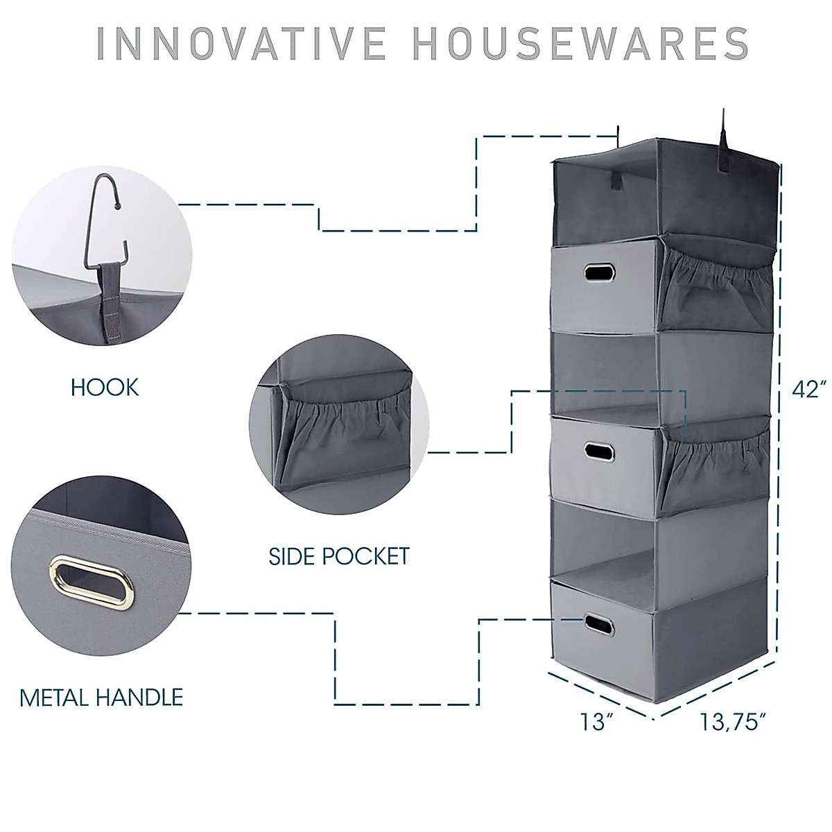 Closet Organizer Hanging Shelves, 6 Shelf Closet Storage with 5 Storage Drawers & Purpose Made Pockets, Jewelry Shoe Organizer Drawer Organizers, Perfect for Organization and Storage (Dark Grey)