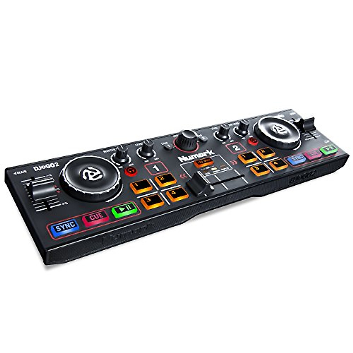 Numark DJ2GO2 | Ultra Portable Two Channel DJ Controller for Serato DJ Intro Featuring A Built In Audio Interface With Headphone Cueing, Pad Performance Controls, Crossfader and Jogwheel