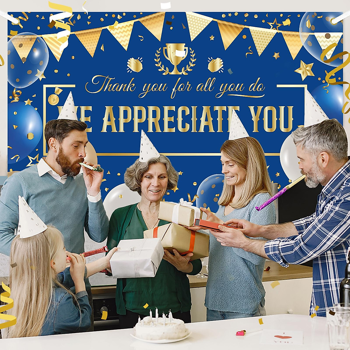 We Appreciate You Banner Backdrop -Wxiben Blue Employee Appreciation Decoration Thank You Nurse Teacher Banner Farewell Going Away Party Backdrop Supplies Work Anniversary Appreciation Decor(71*45 In)