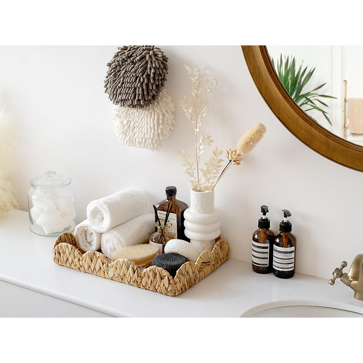 StorageWorks Scalloped Tray, Wicker Tray with Handles, Woven Square Rattan Tray, Scallop Basket Table Décor Trays, Water Hyacinth Rattan Serving Tray for Ottoman Decorative and Organizer Trays