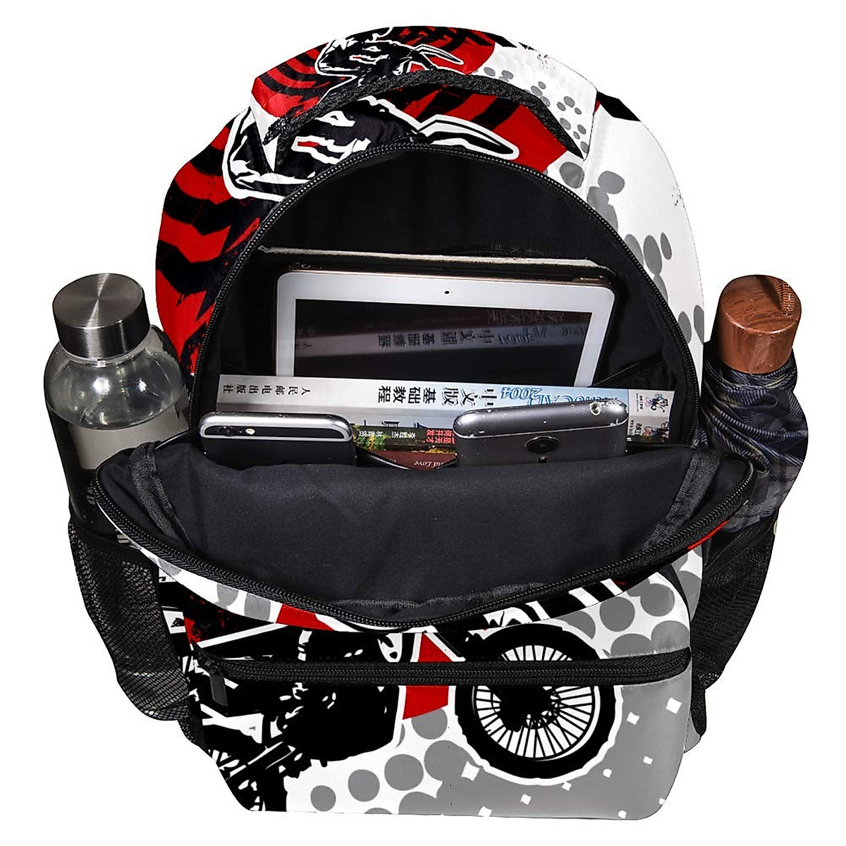 DJROW Motocross Rider Dirt Bike With Tire Marks In Monochrome Backpack Casual Sports Daypack Travel School Bag with Multiple Pockets for Men Women College