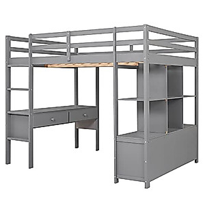 Merax Full Size Loft Bed with Built-in Desk with Two Drawers, Storage Shelves, Solid Wood Frame for Teens, Grey