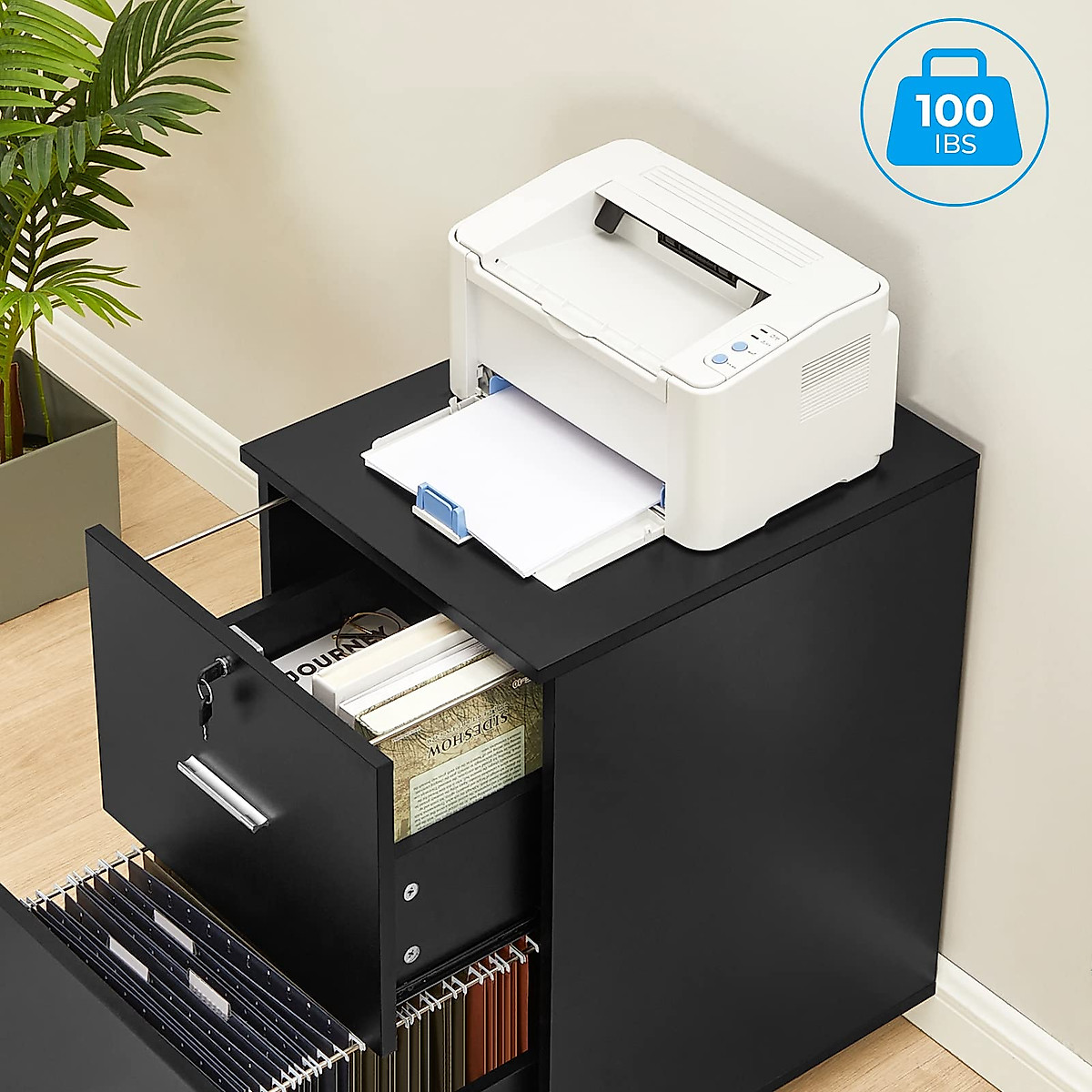 GreenForest File Cabinet 2 Drawers Wooden Vertical Filing Cabinet with Lock Rolling Mobile Office Pedestal File Cabinet for Hanging File Folders Home Office Storage Cabinet, Black