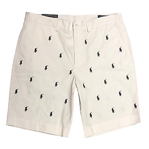 Polo Ralph Lauren Mens Stretch Classic Fit Flat-Front 9" Pony Logo Chino Shorts (34, White/Navy Pony)