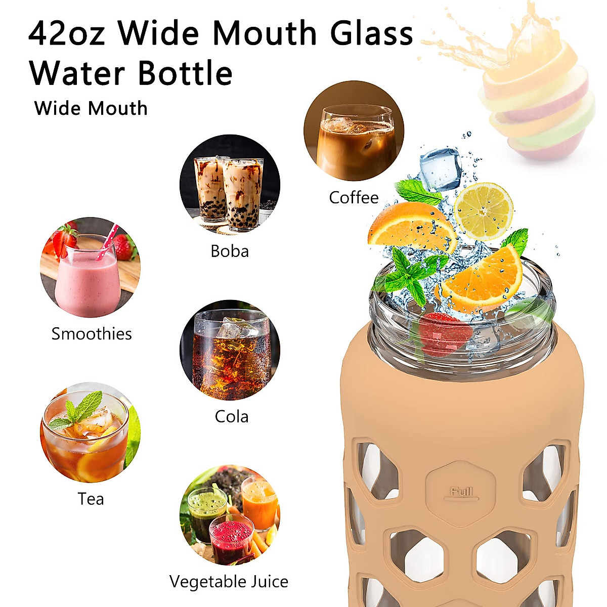 Tronco 32 OZ Glass Water Bottle with Straw and 2 Bamboo Lids-Screw Lid and Straw Lid, BPA Free Reusable Glass Tumbler with Fruit Infuser, Silicone Sleeve And Times to Drink, 100% Leak Proof