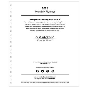 2022 Monthly Planner Refill for 70-236 or 70-296 by AT-A-GLANCE, 9" x 11", White (709237221)