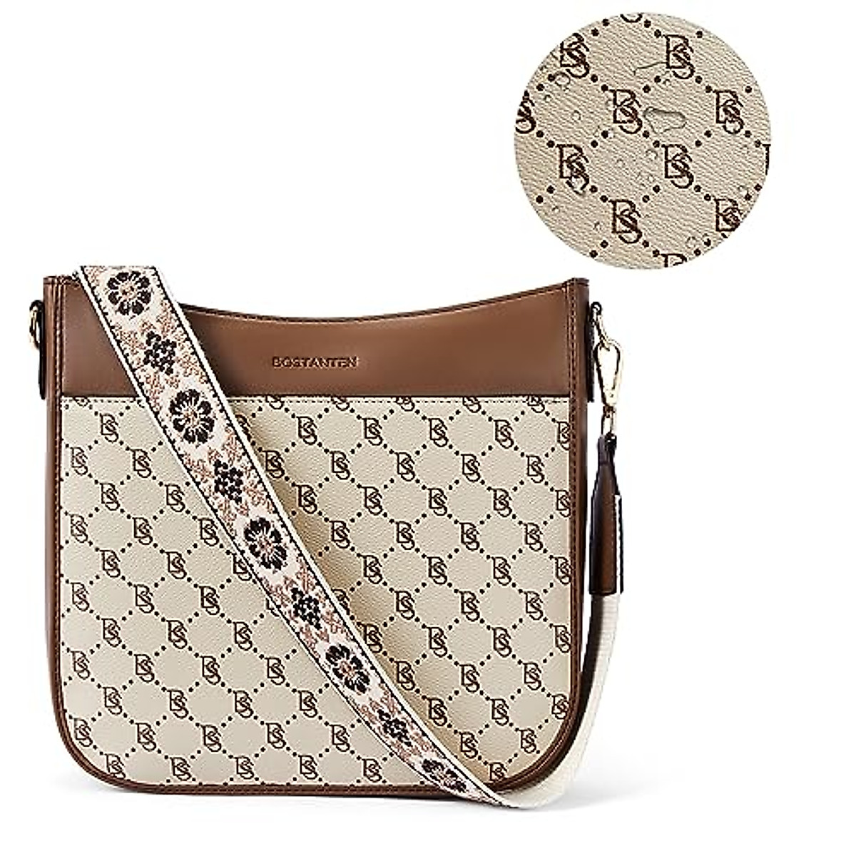 BOSTANTEN Crossbody Bags for Women Trendy Vegan Leather Hobo Purses Shoulder Handbags With Wide Shoulder Strap Coffee with Beige