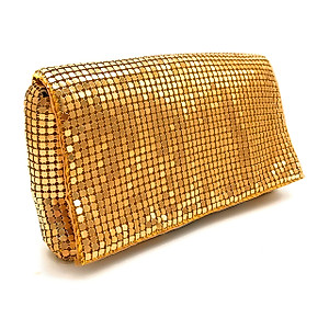 Women Vintage Evening Clutch Metal Mesh Purse with Short Shoulder Strap (Gold)