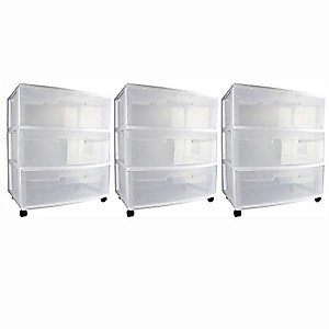 Sterilite At Home Plastic 3 Drawer Wide Storage Cart Container with Removeable Casters for Bathroom, Bedroom, and Dorm Organization (3 Pack)