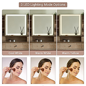 T4TREAM Modern Makeup Vanity Desk with Mirror and Lights，42'' Make up Vanity Table with Glass Tabletop & 5 Drawers, Big Vanity Set with Cushioned Stool & 3 Light Modes for Bedroom, Natural Oak