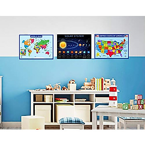 World Map Poster, United States USA Map, Solar System Posters for Kids - Laminated, Size 14x19.5 in.- Educational Posters for Elementary Classroom Decorations, Teacher Supplies (Maps and Solar)