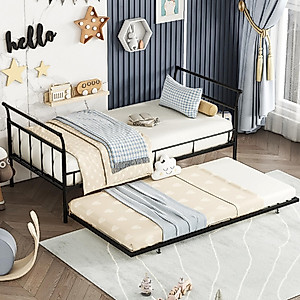 Full Size Daybed with Trundle Twin, Heavy Duty Daybed with Curved Handle and Slats, Metal Daybed for Kids, Girls, Boys, No Box Spring Needed, Black Day Bed Full Size