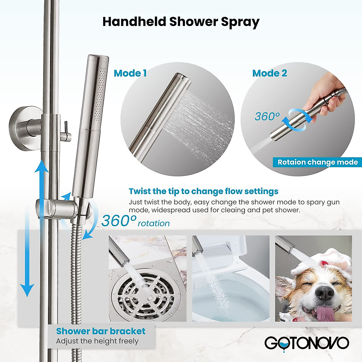gotonovo Outdoor Shower Faucet Sets Brushed Nickel 304 Stainless Steel Shower Head with 2 in 1 Cylinder Handheld Spray 2 Function Exposed Shower Combo Set Wall Mount Single Handle