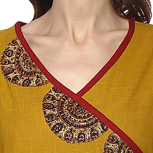 Yash Gallery Women's Cotton Slub Patch Work Angrakha Kurta (Yellow)