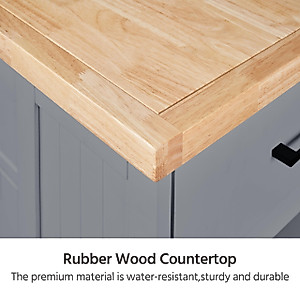 Yaheetech Rolling Kitchen Island with Thicker Rubberwood Countertop, Kitchen Cart on Hidden Wheels with 3 Drawers & Open Shelves, Storage Cabinet w/Inner Adjustable Shelves for Dining Room, Dark Gray