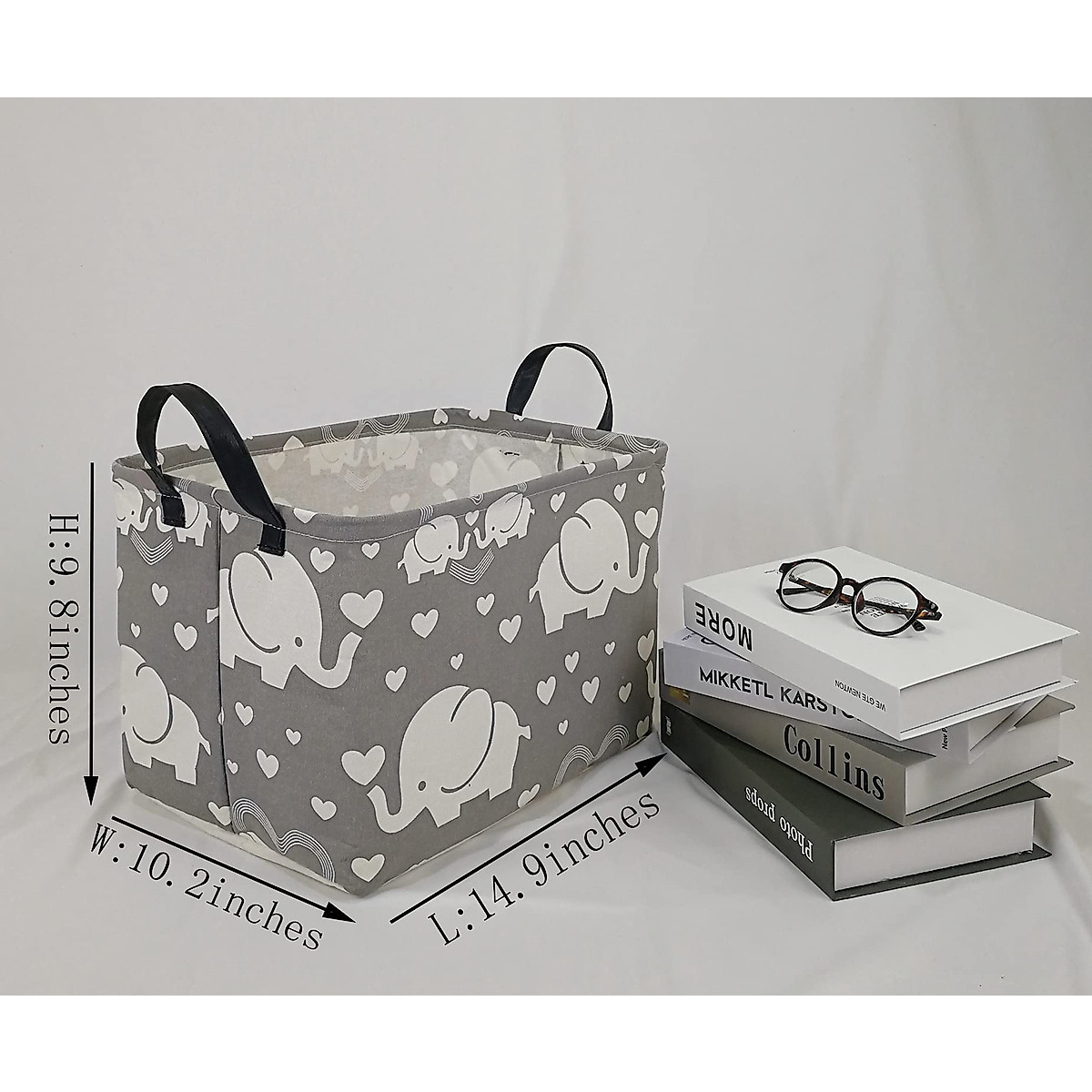 DUYIY Rectangle Canvas Storage Basket with Handle Large Organizer Bins for Dirty Laundry Hamper Baby Toys Nursery Kids Clothes Gift Basket (REC-love elephant)