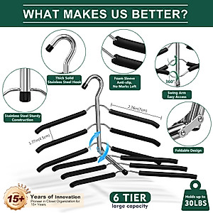 DOIOWN Clothes Hangers Space Saving - 6 Tier Coat Hangers Space Saving Hangers Non Slip Foam Padded Hangers, 2 Pack Black Metal Sweater T Shirt Hangers for Men Women, Closet Organizers and Storage