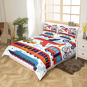 Erosebridal Plane Duvet Cover Queen, Bike Autocycle Comforter Cover, Cute Train Car Kawaii Bedding Set, Blue Ocean Ship Quilt Cover, Cartoon Hand Drawn Girls Bedroom Decor