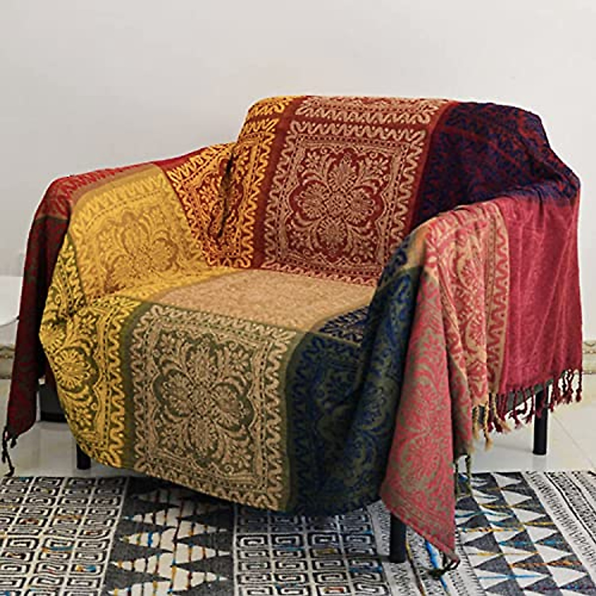 CUEERBOT Bohemian Throw Blankets Colorful Boho Sofa Throw Cover Chenille Jacquard Tassels Reversible Woven Aztec Blankets for Couch Bed Red 60" x 75"