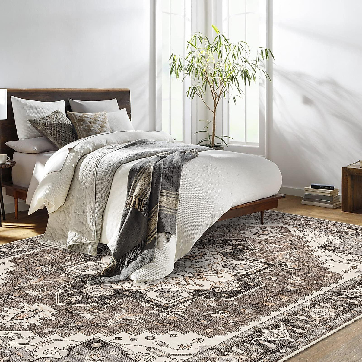 Washable Living Room Runner Rug - 8x10 Large Bedroom Rug Distressed Oriental Non-Slip Non-Shedding Print Floor Carpet for Dining Room Kitchen (Beige, 8 x 10)