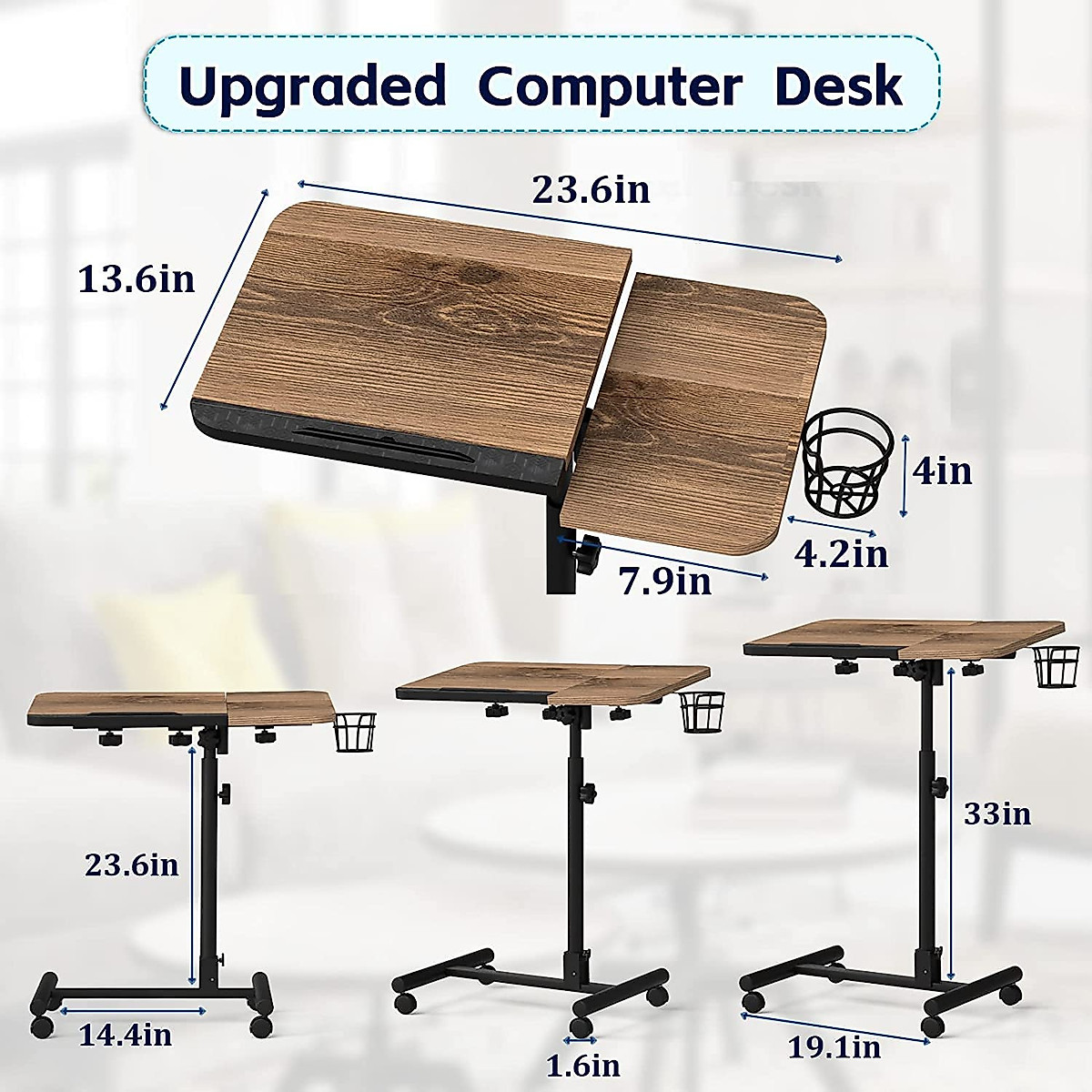 Dtadvlo 23'' Rolling Computer Desk，Portable Laptop Desk，Mobile Portable Laptop Desk, Height Adjustable Laptop Sit to Stand Up Desk，Overbed Table with Wheel Adjustable Height Desk