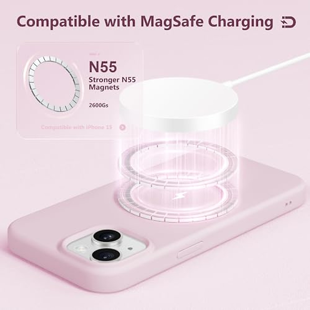 GONEZ Magnetic for iPhone 15 Case [Compatible with Magsafe] [1 Screen Protector + 1 Camera Protector], Anti-Scratch Microfiber Lining Shockproof Protective Silicone Phone Cover 6.1", Pastel Pink