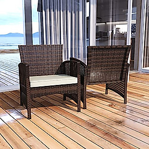 IDS Online MLM-16403-W 1 Loveseat 2 Single Chairs Cushion, Leisure Glass Top Coffee Table for Garden Lawn Poolside Backyard 4 Piece Rattan Pattio Outdoor Furniture Wicker Conversation Set, Brown-White