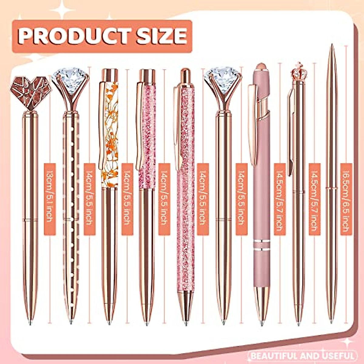 Airevesket 9 PCS Rose Gold Ballpoint Pen Set, Rose Gold Desk Accessories, Crystal Diamond Pen Black Ink Rose Gold Pens, Metal Ballpoint Pens for Office Gifts Wedding Gifts Party Supplies(Rose Gold)