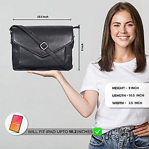 Leather Flapover Crossbody Handbag Purse for Women with Adjustable Strap & Overflap Snap Closure Tote/Bag (Black NDM)