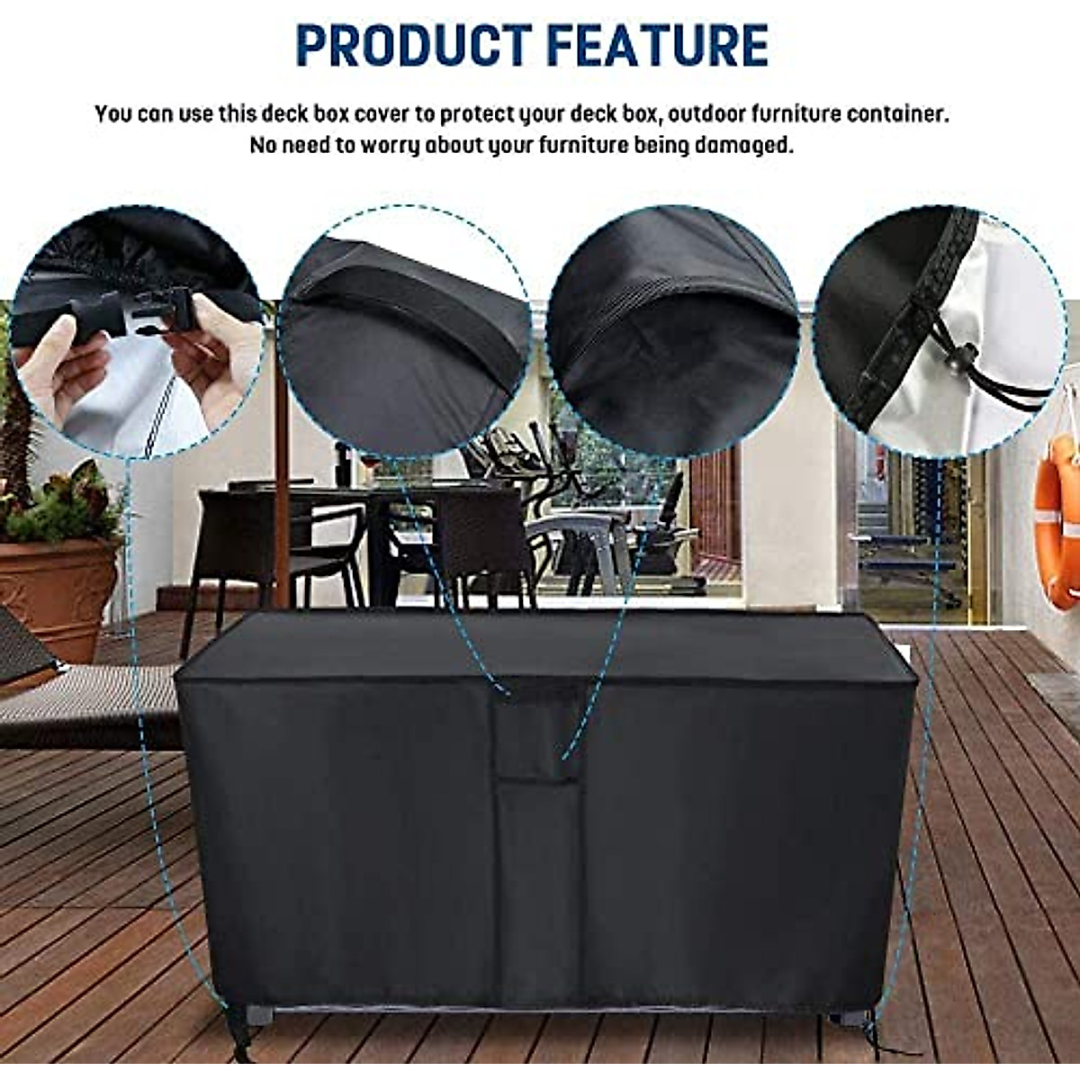 Kingling Deck Box Cover, Outdoor Storage Box Cover for YITAHOME 100 Gallon/Keter 80 Gallon Deck Box, Waterproof Outside Storage Bench Deck Boxes Covers Black (50" L x 22" W x 25" H)