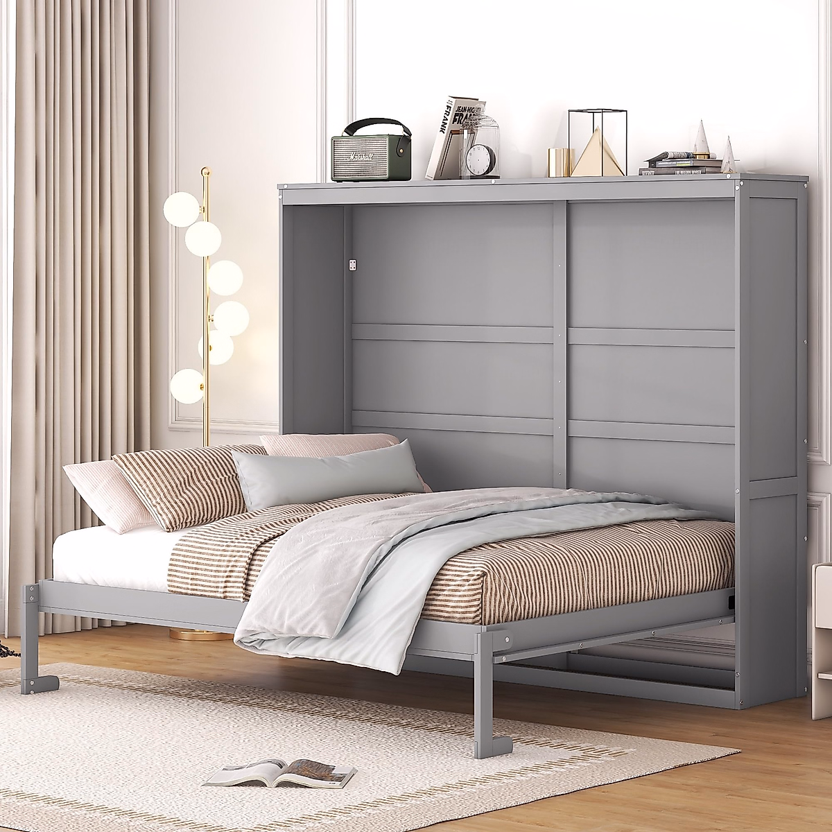 Mobile Murphy Bed Wall Bed Chest Versatility Bed, Queen Size Wood Murphy Bed Wall Bed Frame, Foldable Platform Bed Folded into Cabinet, Bedroom Furniture Folding Bed Cabinet Bed (Gray Bed)