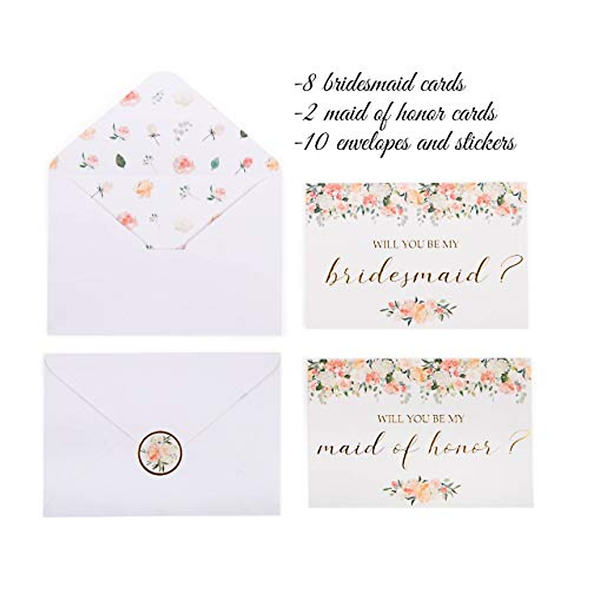 Bridesmaid Proposal Cards. Box set of 8 Will You Be My Bridesmaid and 2 Maid of Honor Cards. 4 x 6 Floral Cards with Gold Foil Ideal for Bridal Party or to go with Bridesmaid Gifts