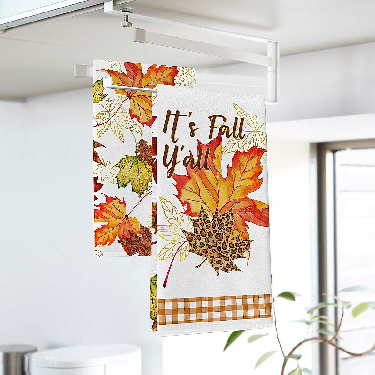 Seliem It’s Fall Y’All Maple Leaves Kitchen Dish Towel Set of 2, Watercolor Thanksgiving Leopard Leaf Fingertip Towel Hand Drying Baking Cooking Cloth, Autumn Seasonal Home Farmhouse Decoration 18x26