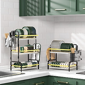 BETTWILL Dish Drying Rack – Carbon Steel Dish Racks for Kitchen Counter – 2 Tier Dish Drying Rack with 2 Drainer Trays,Kitchen Organizer