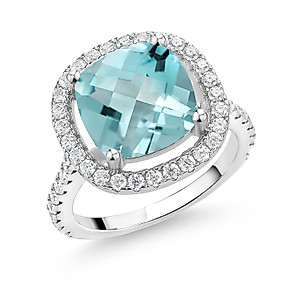 Gem Stone King 925 Sterling Silver 10MM Cushion Cut Gemstone Birthstone and White Moissanite Engagement Ring | Wedding Anniversary Promise Ring For Women | Ring Size 5-9