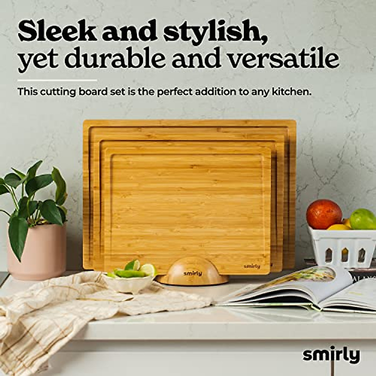 SMIRLY Wooden Cutting Boards for Kitchen - Bamboo Cutting Board Set, Chopping Board Set - Wood Cutting Board Set with Holder - First Apartment Kitchen Essentials, New Home Kitchen Accessories